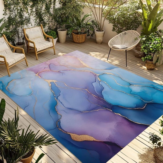 Abstract Impressionist Outdoor Rug, Blue Marble Texture Non-Slip Area ...