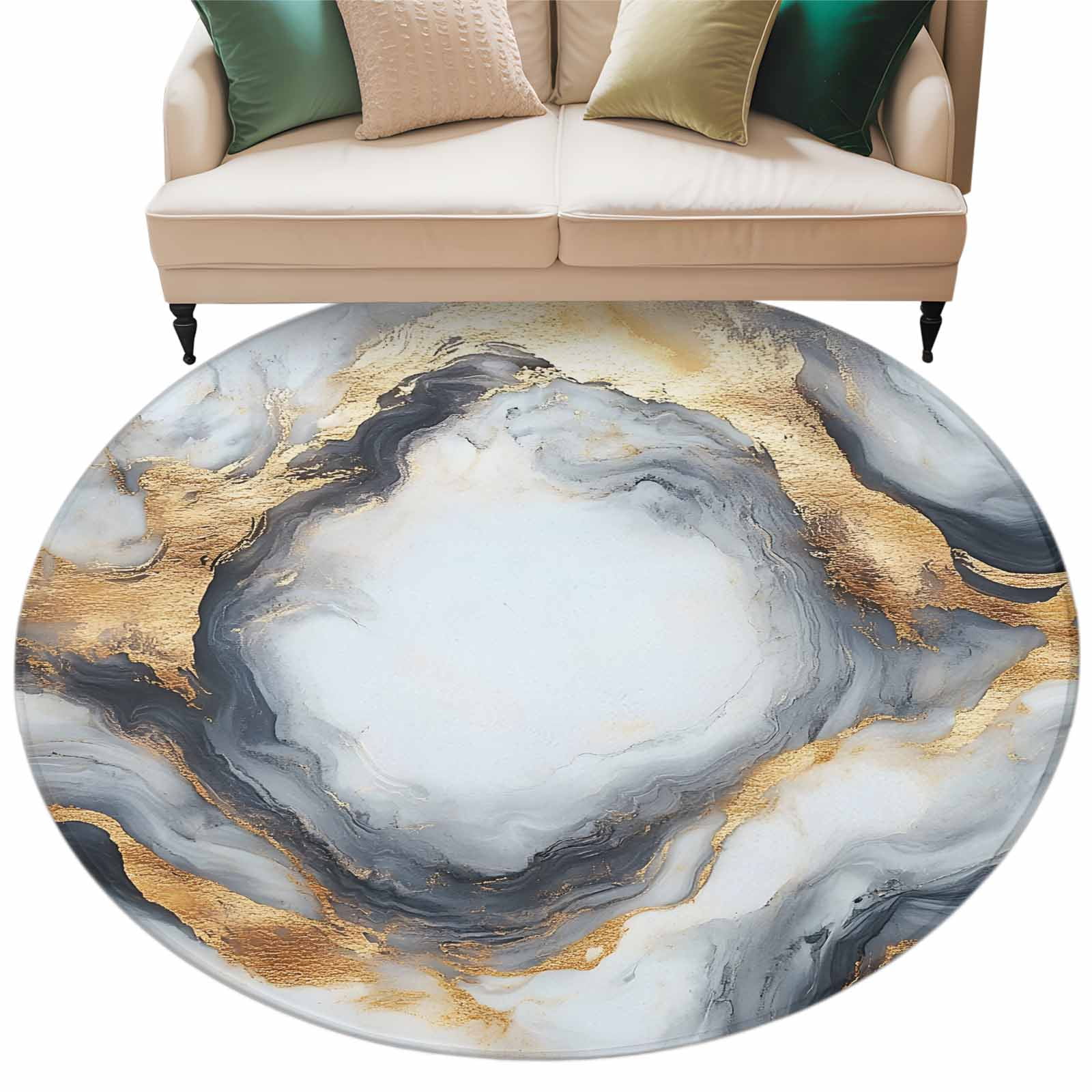 Abstract Impressionist Round Area Rug 5ft Gary Gold Marble Texture Non ...