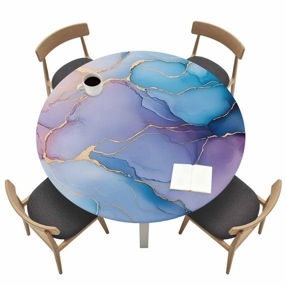 Abstract Impressionist Round Fitted Tablecloth with Elastic Edge Blue ...