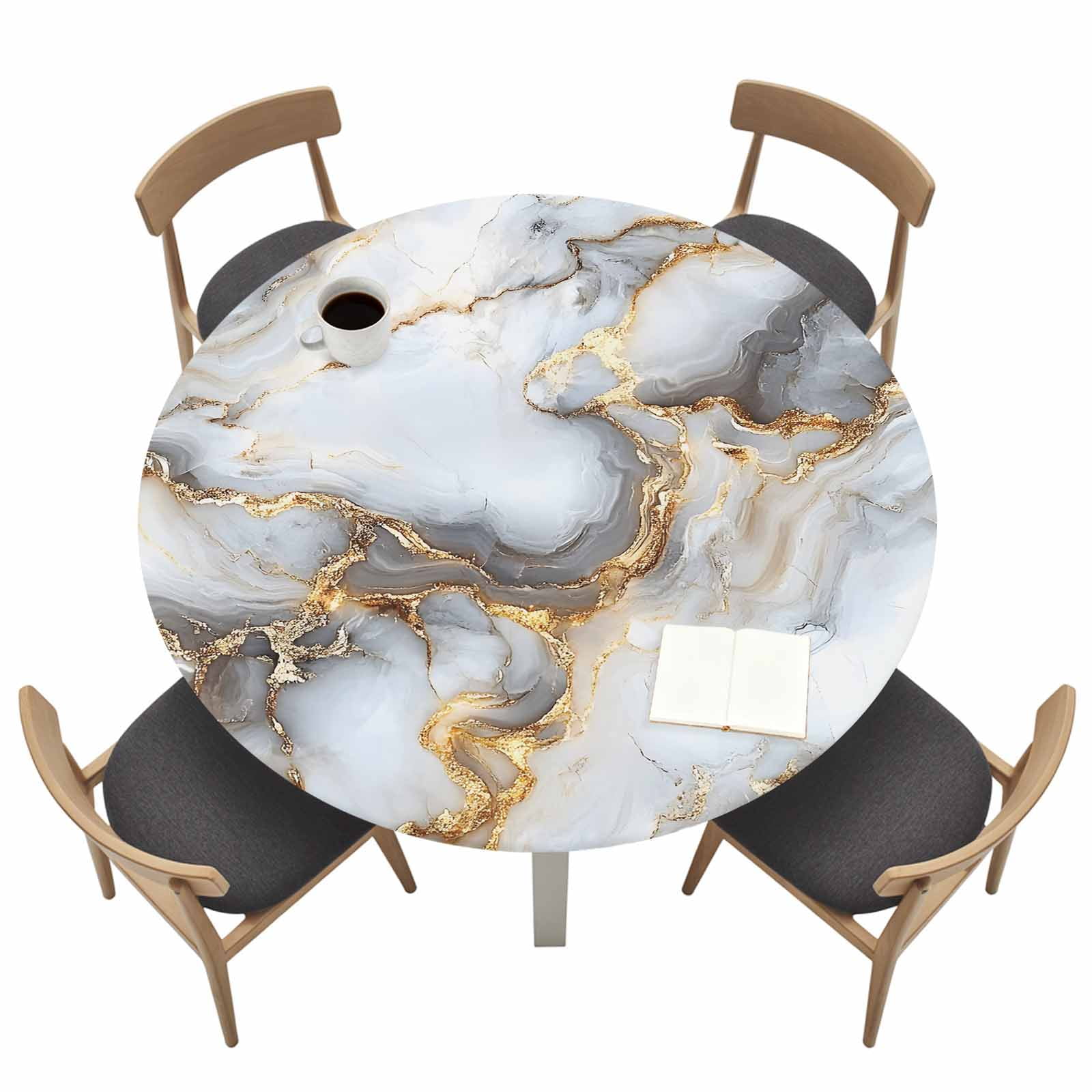 Abstract Impressionist Round Fitted Tablecloth with Elastic Edge Gold ...