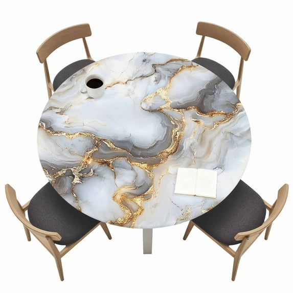 Abstract Impressionist Round Fitted Tablecloth with Elastic Edge Gold ...