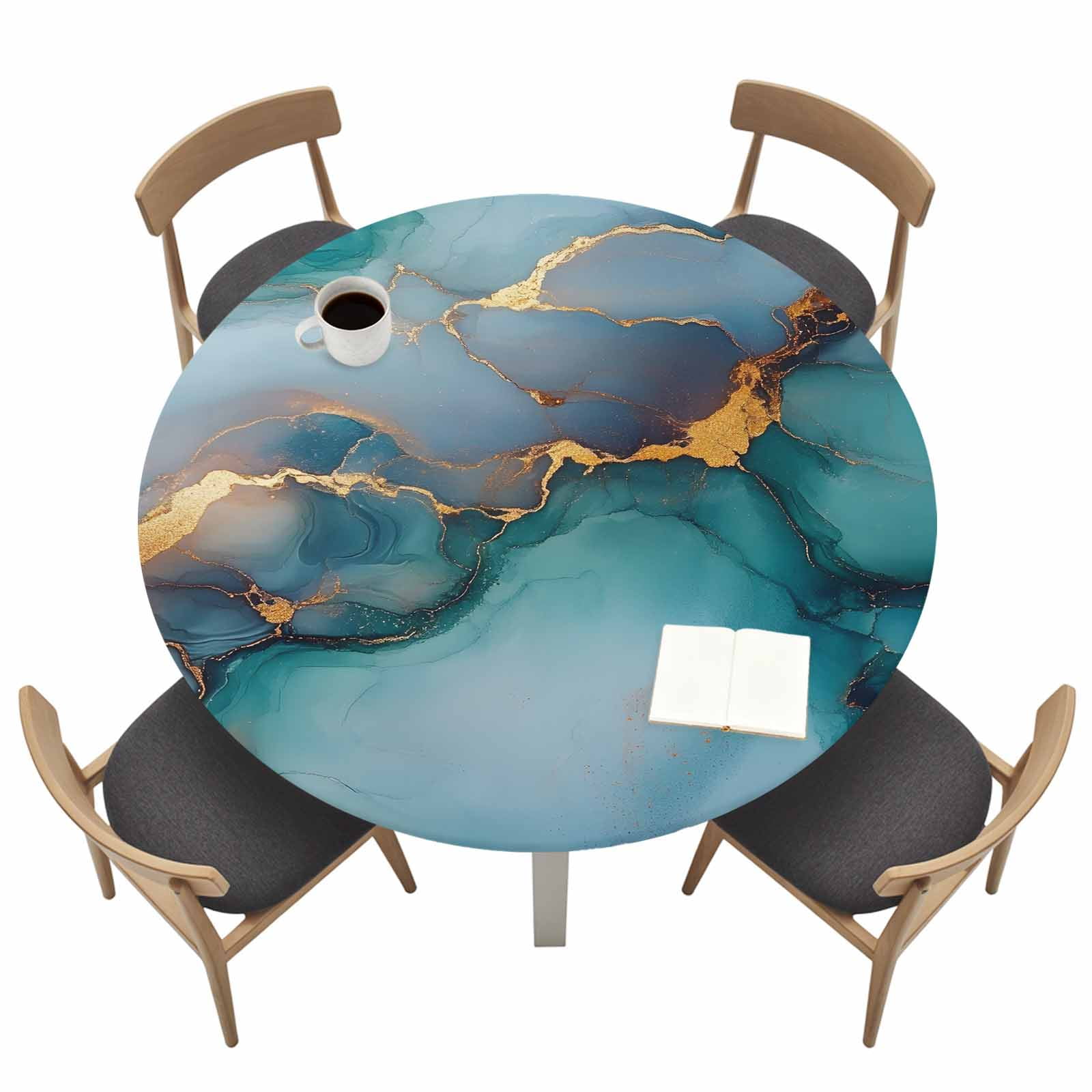 Abstract Impressionist Round Fitted Tablecloth with Elastic Edge Gold ...