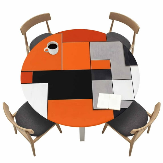 Abstract Impressionist Round Fitted Tablecloth with Elastic Edge Orange ...