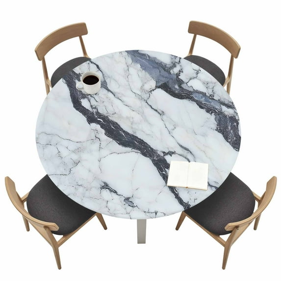 Abstract Impressionist Round Fitted Tablecloth with Elastic Edge White ...