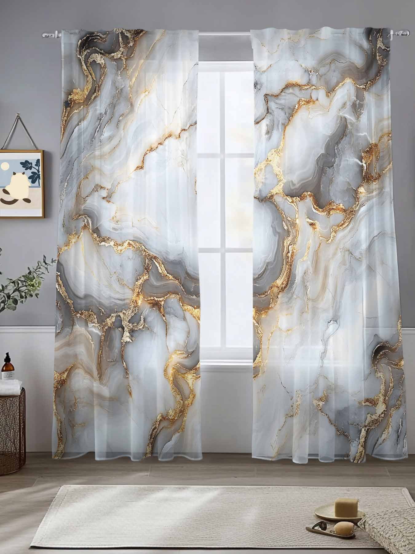 Abstract Impressionist Sheer Curtains 84 Inches Long 2 Panels Gold Gary ...