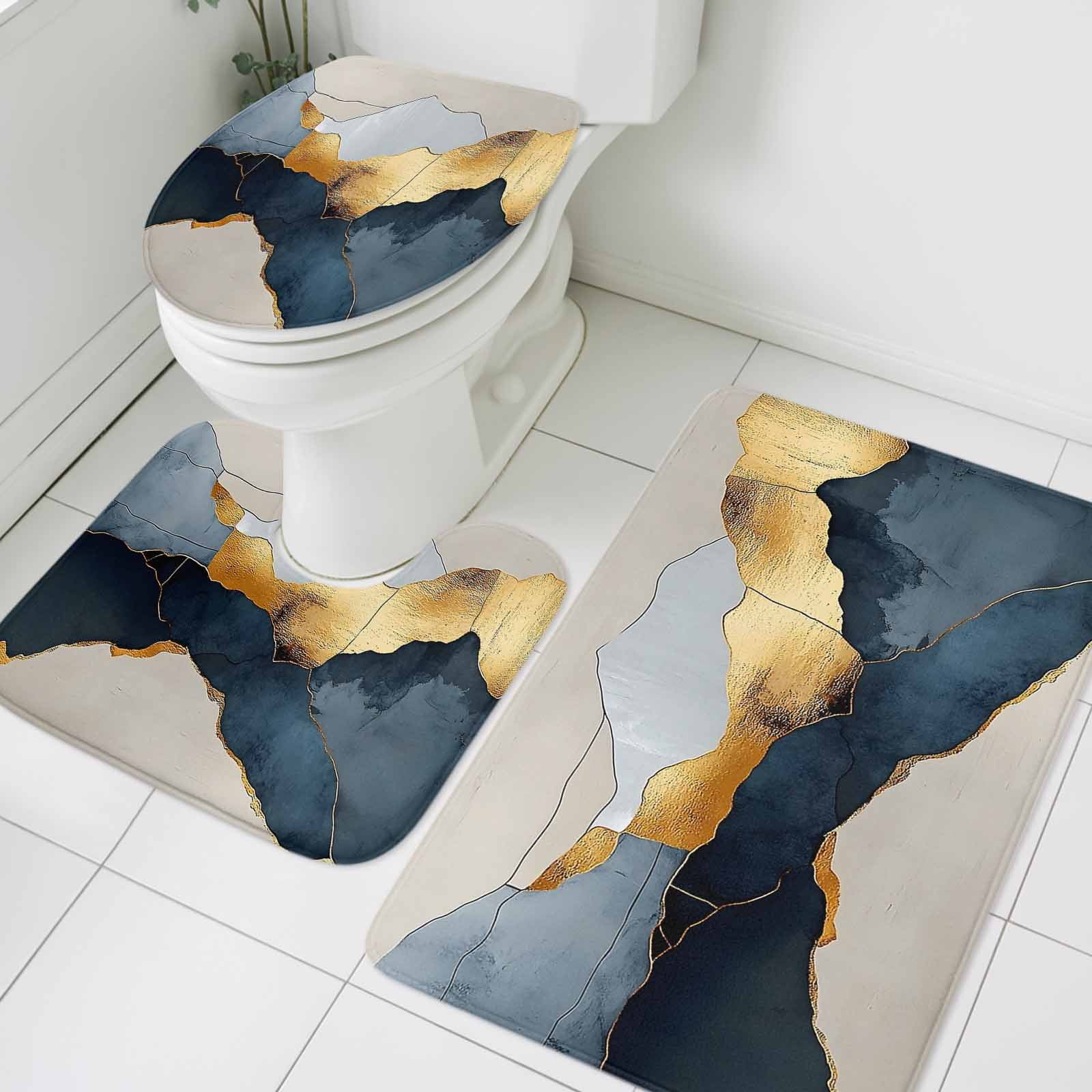 Abstract Impressionist Style Bathroom Rugs Set Navy Blue Gold Color ...