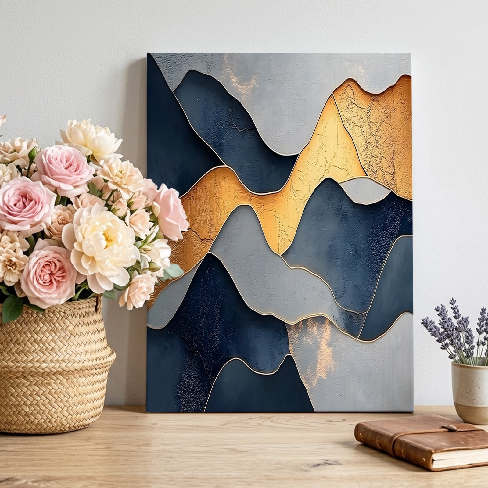 Abstract Impressionist Style Canvas Wall Art for Living Room, Gold Blue ...
