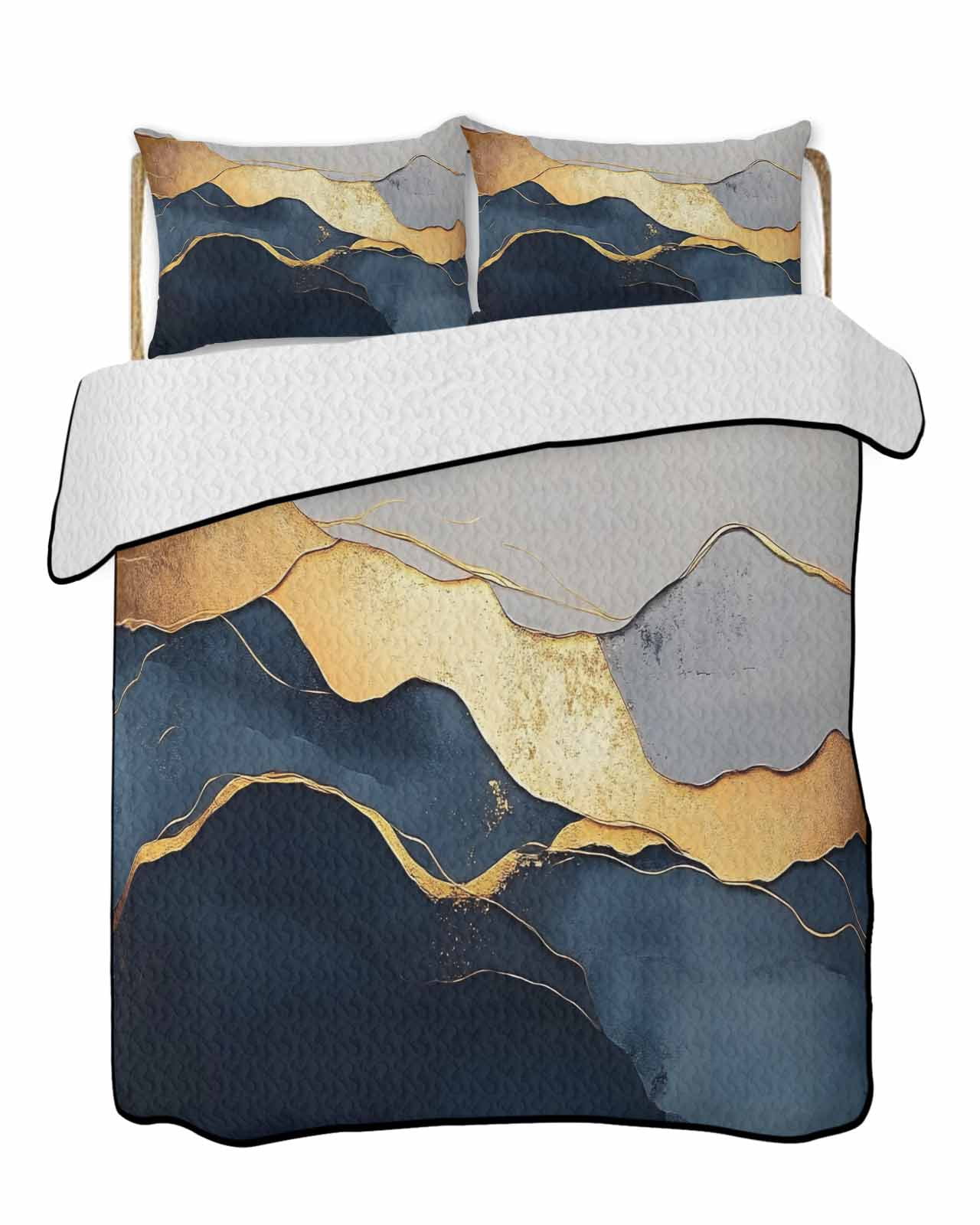 Abstract Impressionist Style Quilts Bedding Set King Size Gold Navy ...