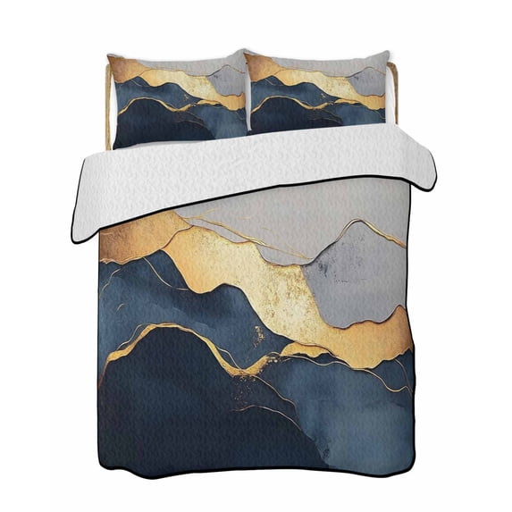 Abstract Impressionist Style Quilts Bedding Set King Size Gold Navy ...