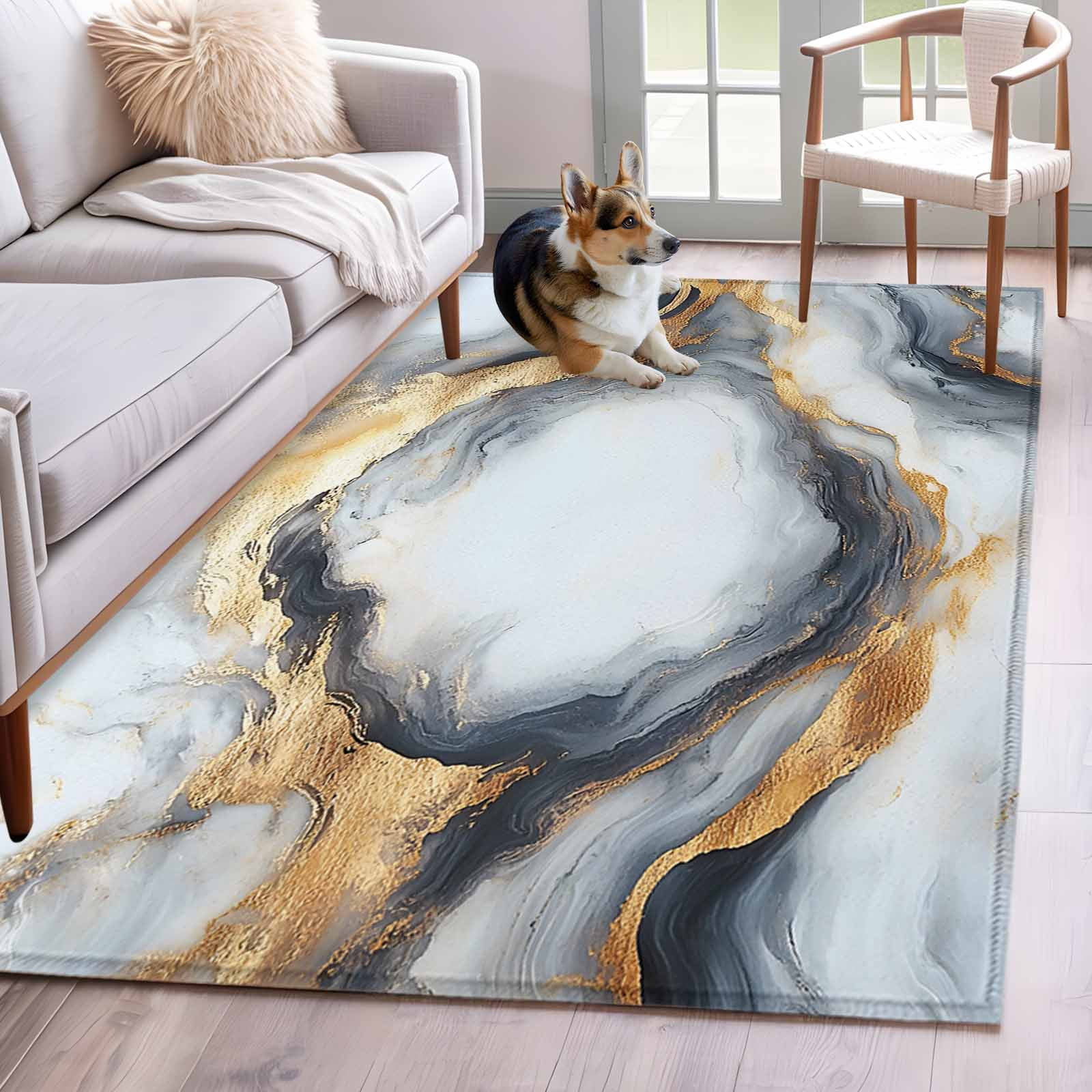 Abstract Impressionist Washable Area Rugs 4'x6', Gary Gold Marble ...