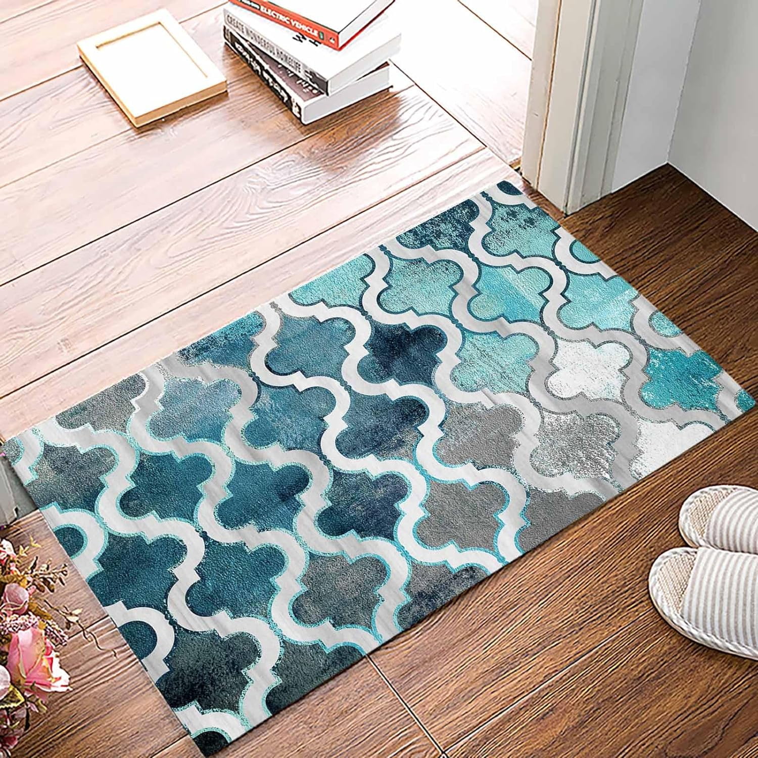 Abstract Indoor Doormat Front Door Mat, Retro Teal Green Morocco Oil ...