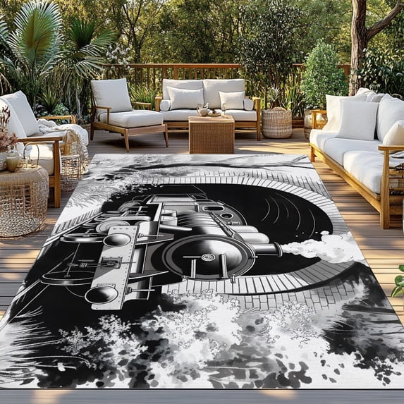 Abstract Indoor Outdoor Rugs 4x6 Ft, Black White Trains Tunnels Line ...
