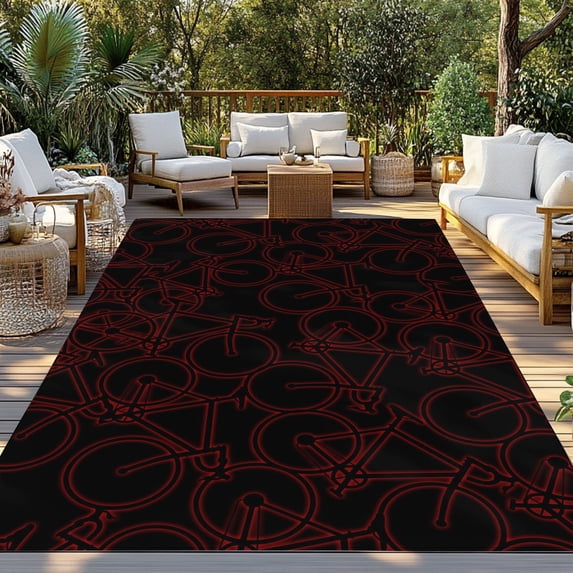 Abstract Indoor Outdoor Rugs 5x8 Ft, Red Bicycles Line Texture Modern ...