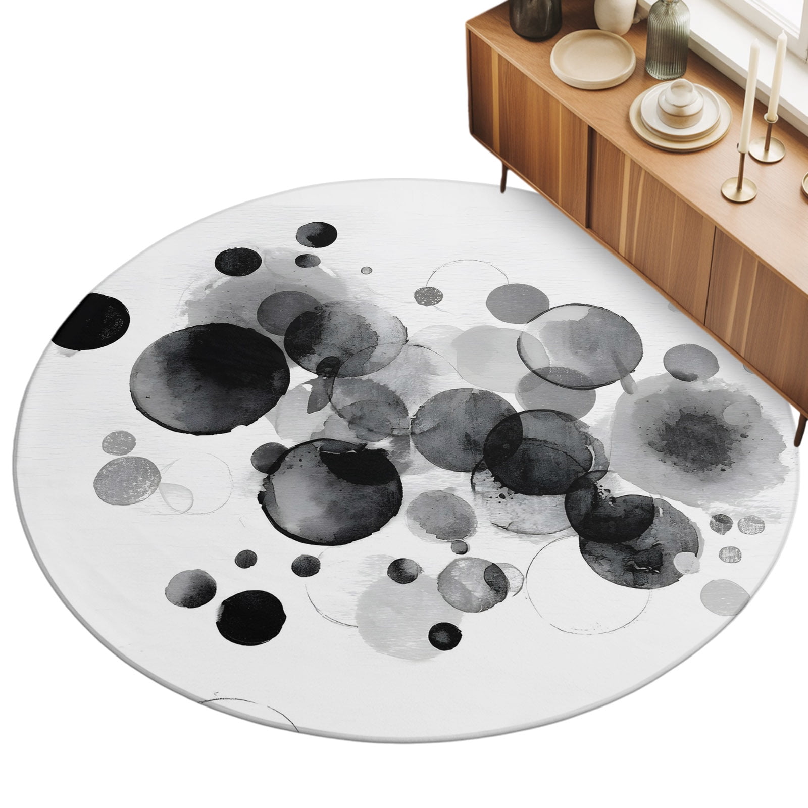 Abstract Ink Area Rugs 3' (Round) Black Ink Splatter Bubbles Drops ...