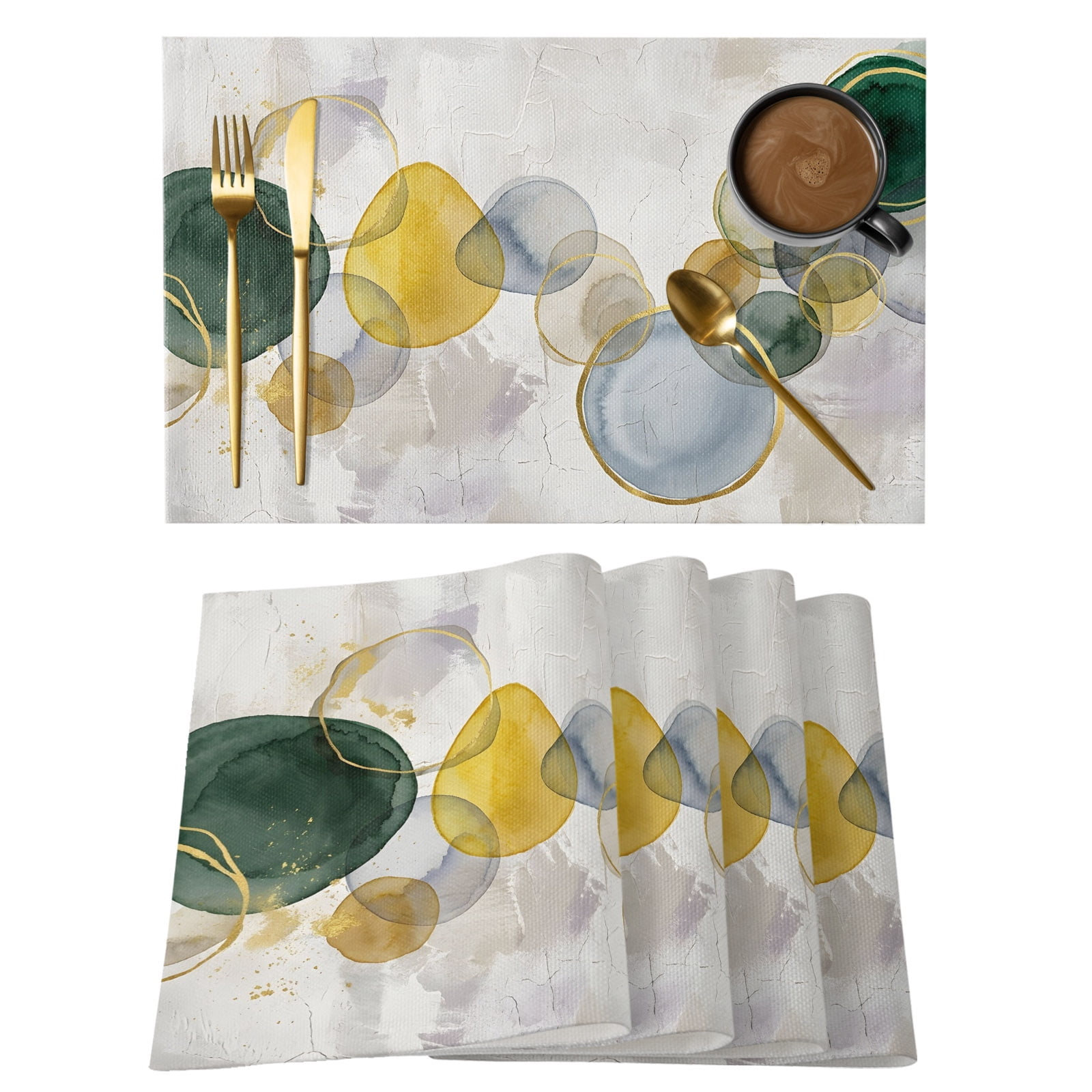 Abstract Ink Cotton Linen Placemats Set of 8, Green Yellow Blue Ink ...