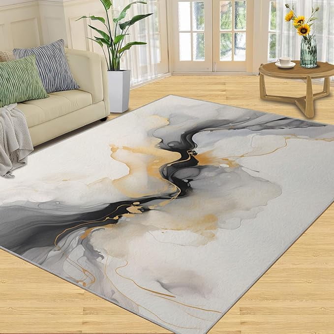 Abstract Ink Painting Rugs for Bedroom Gold Line Art Rug Minimalist ...
