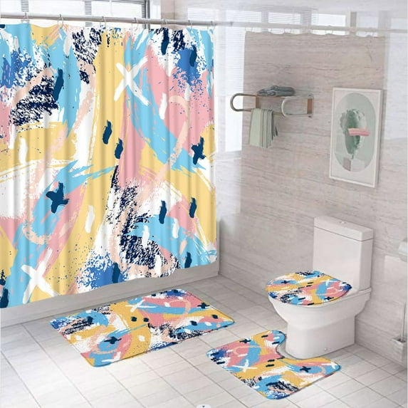 Abstract Ink Painting Shower Curtain Sets Non-Slip Rug Bath Mats Toilet ...