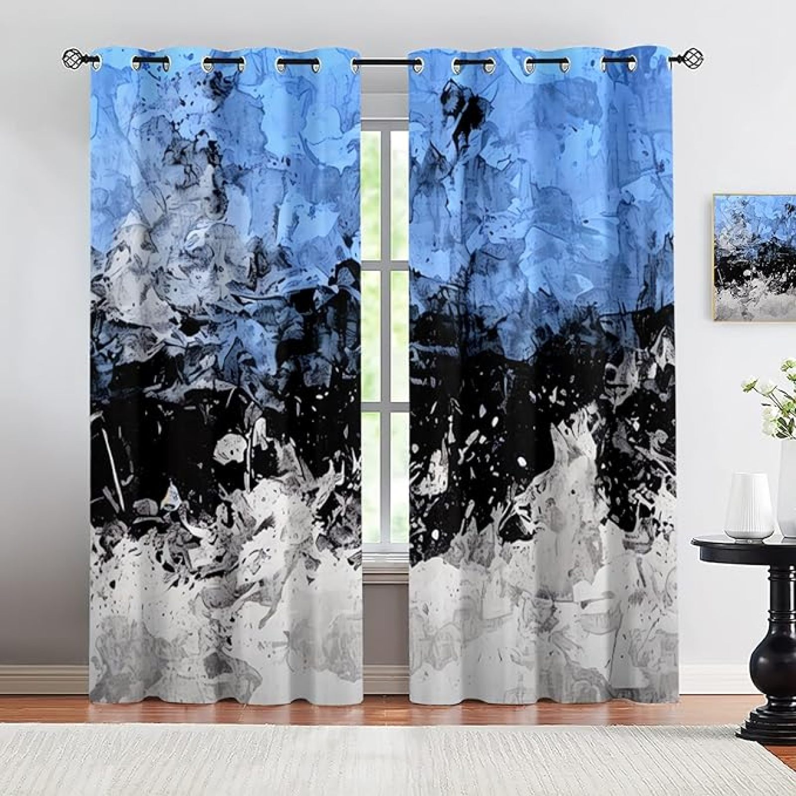 Abstract Ink Painting Style Print Curtain, Blue And Black Modern Art ...