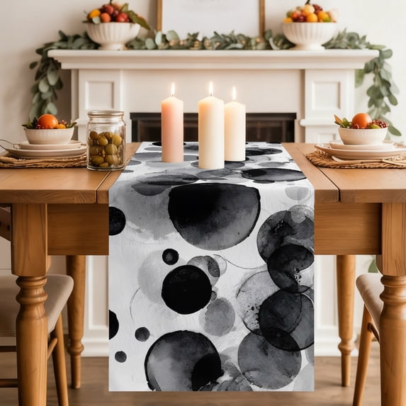 Abstract Ink Table Runner, Black Ink Splatter Bubbles Drops Washable ...