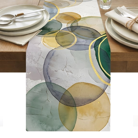 Abstract Ink Table Runner, Green Yellow Blue Ink Splatter Bubbles Drops ...