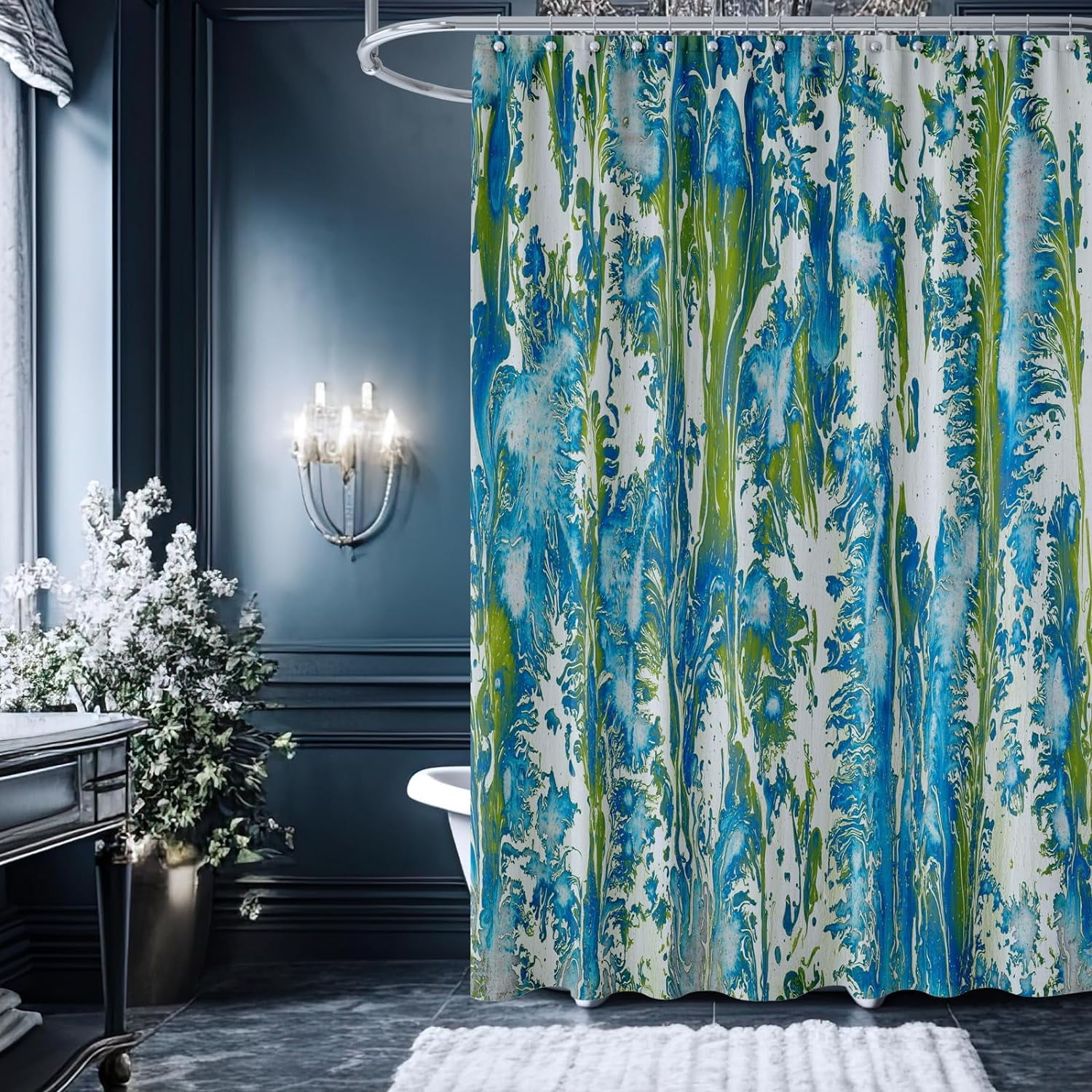 Abstract Ink Texture Shower Curtain, Blue Green Beige Bath Curtain 72W ...