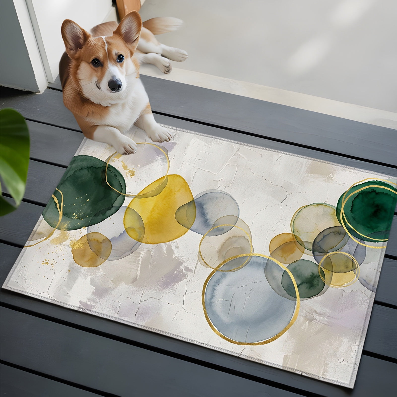 Abstract Ink Washable Entry Rug 2x3 Green Yellow Blue Ink Splatter ...