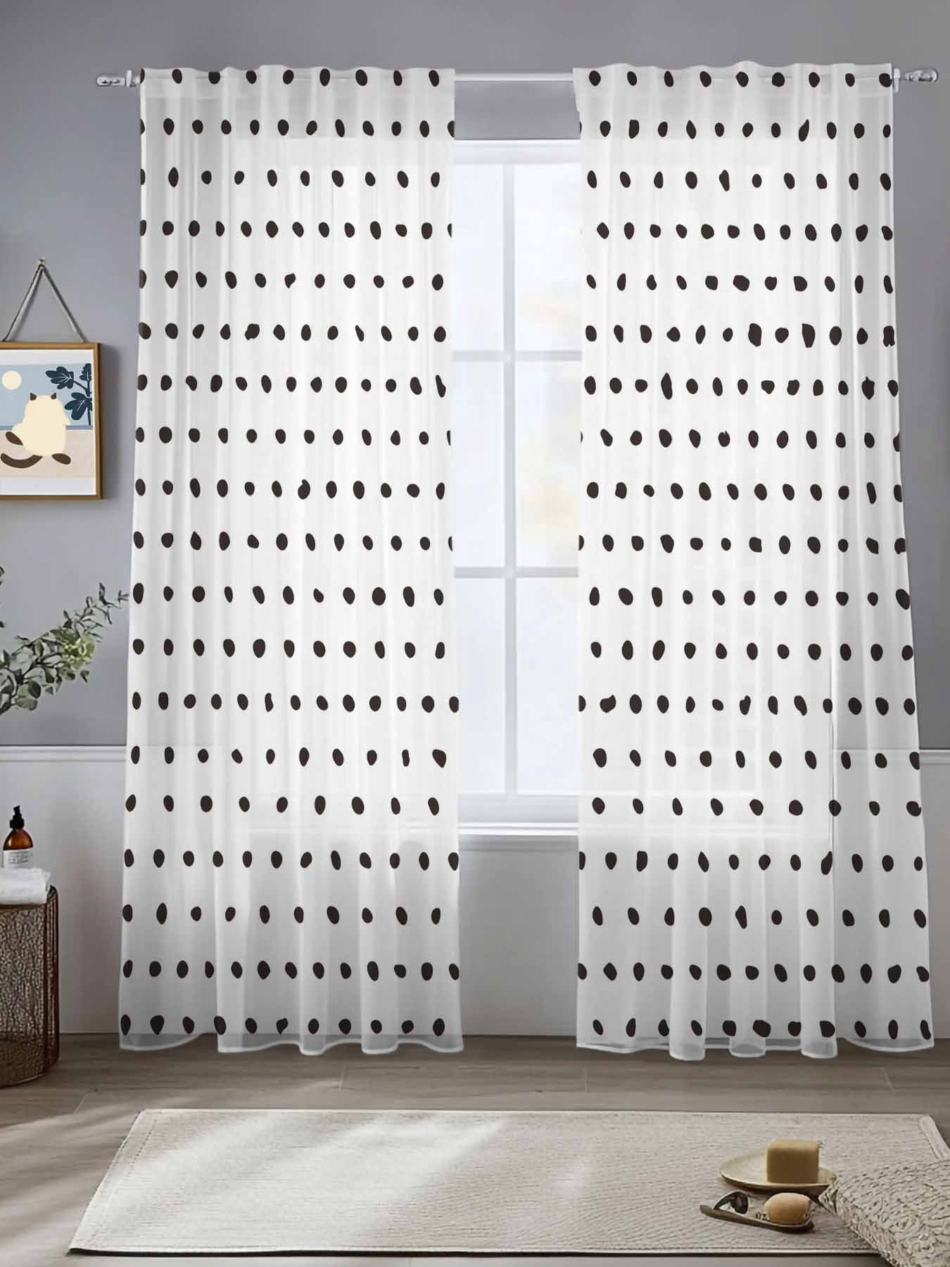 Abstract Irregular Black Polka Dot Chiffon Sheer Curtains 84 Inches ...