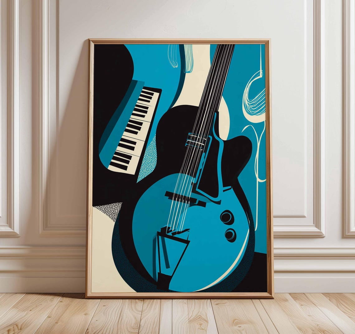 Abstract Jazz Music Piano and Guitar Modern Blue Art Music Room Art ...