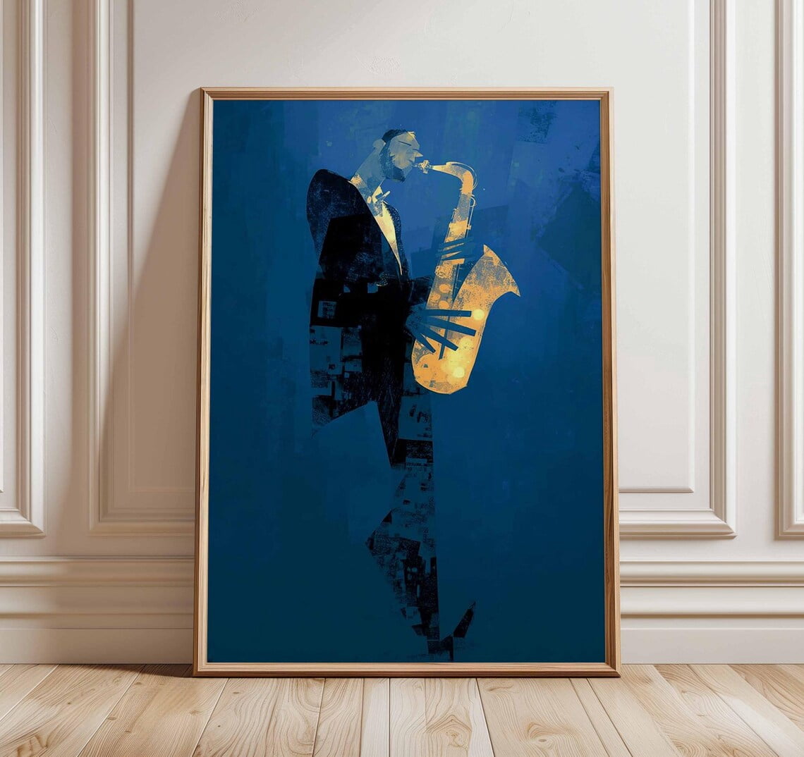 Abstract Jazz Saxophone Player Art Blue Gold Music Room Wall Decor ...