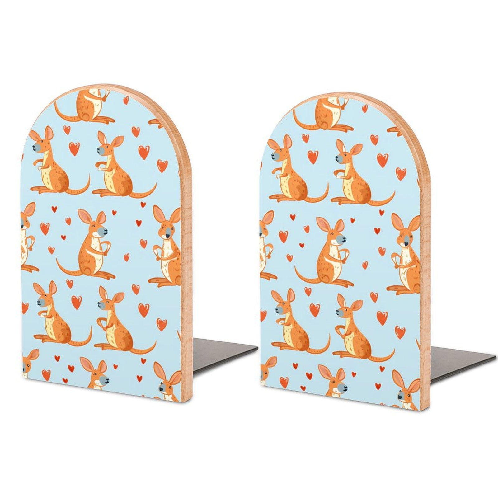 Abstract Kangaroos And Hearts Wood Book Ends for Shelves Non-Skid Book ...