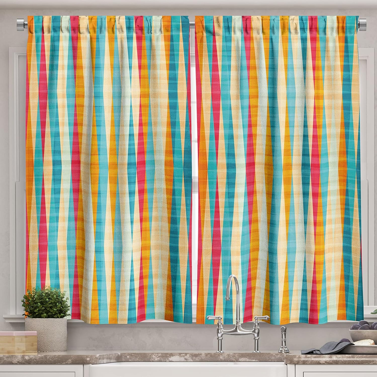 Abstract Kitchen Curtains, Colorful Formless Vertical Bands Contrast ...