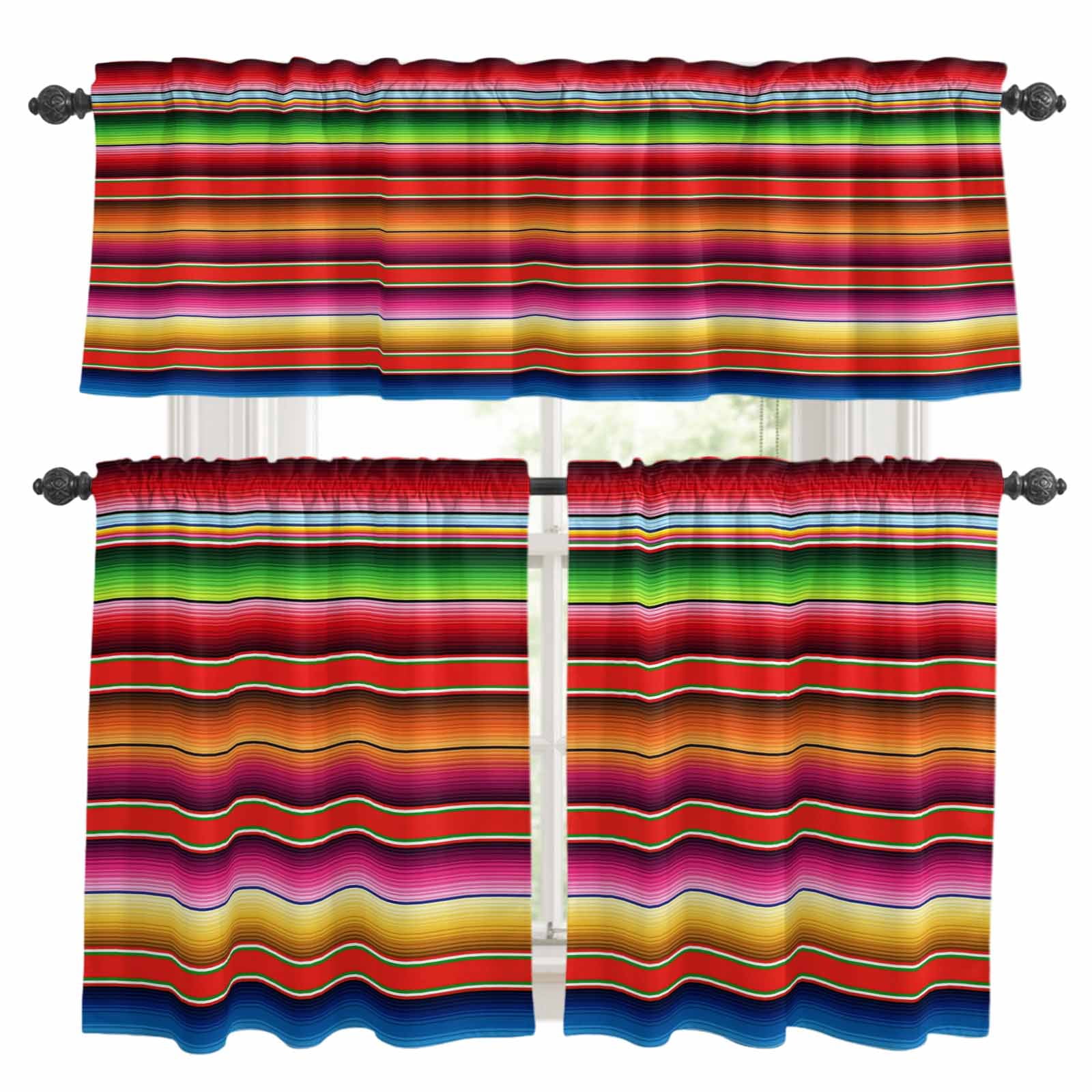 Abstract Kitchen Curtains Set for Windows, Colorful Mexican Stripe ...