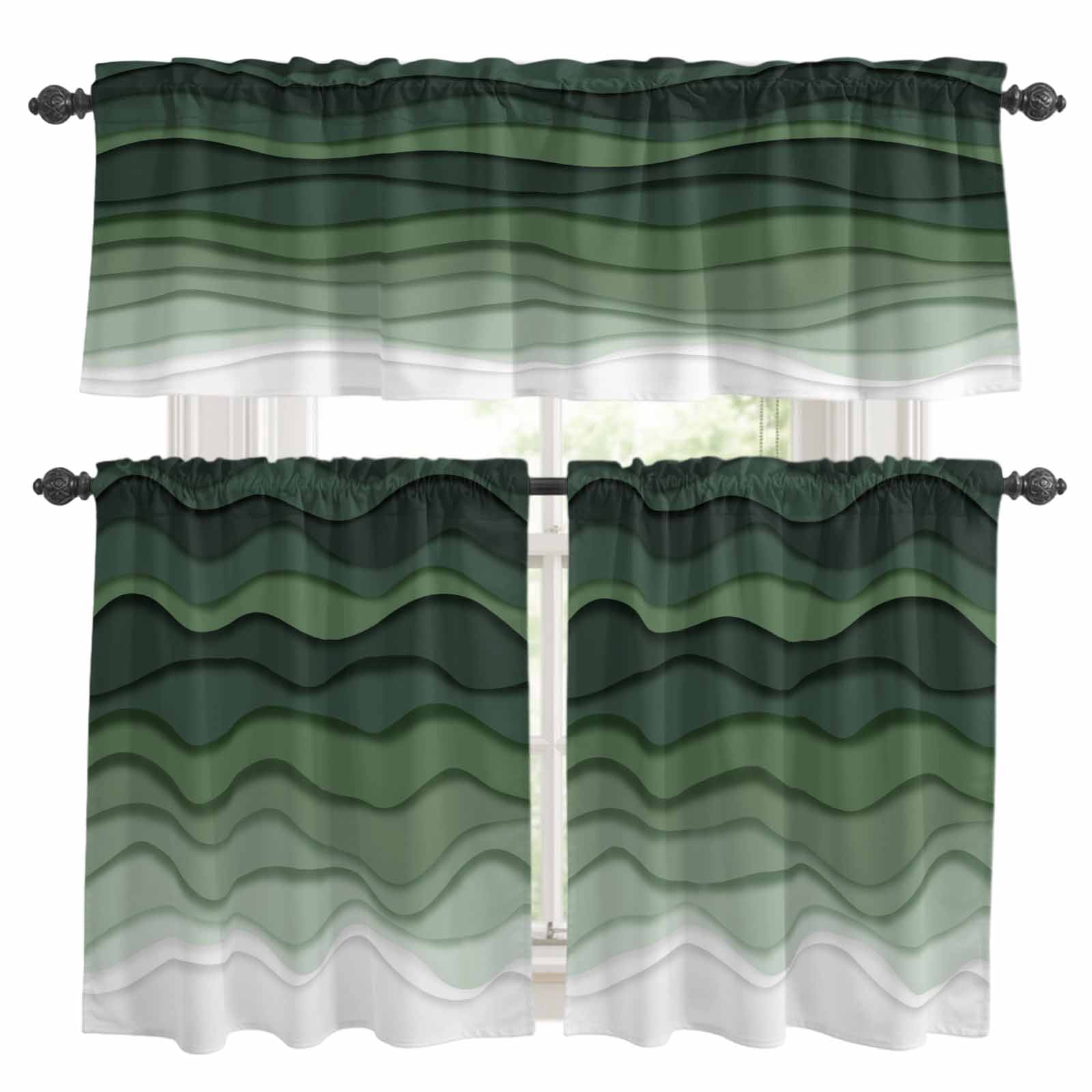 Abstract Kitchen Curtains Set for Windows, Sage Green Gradient Ocean ...