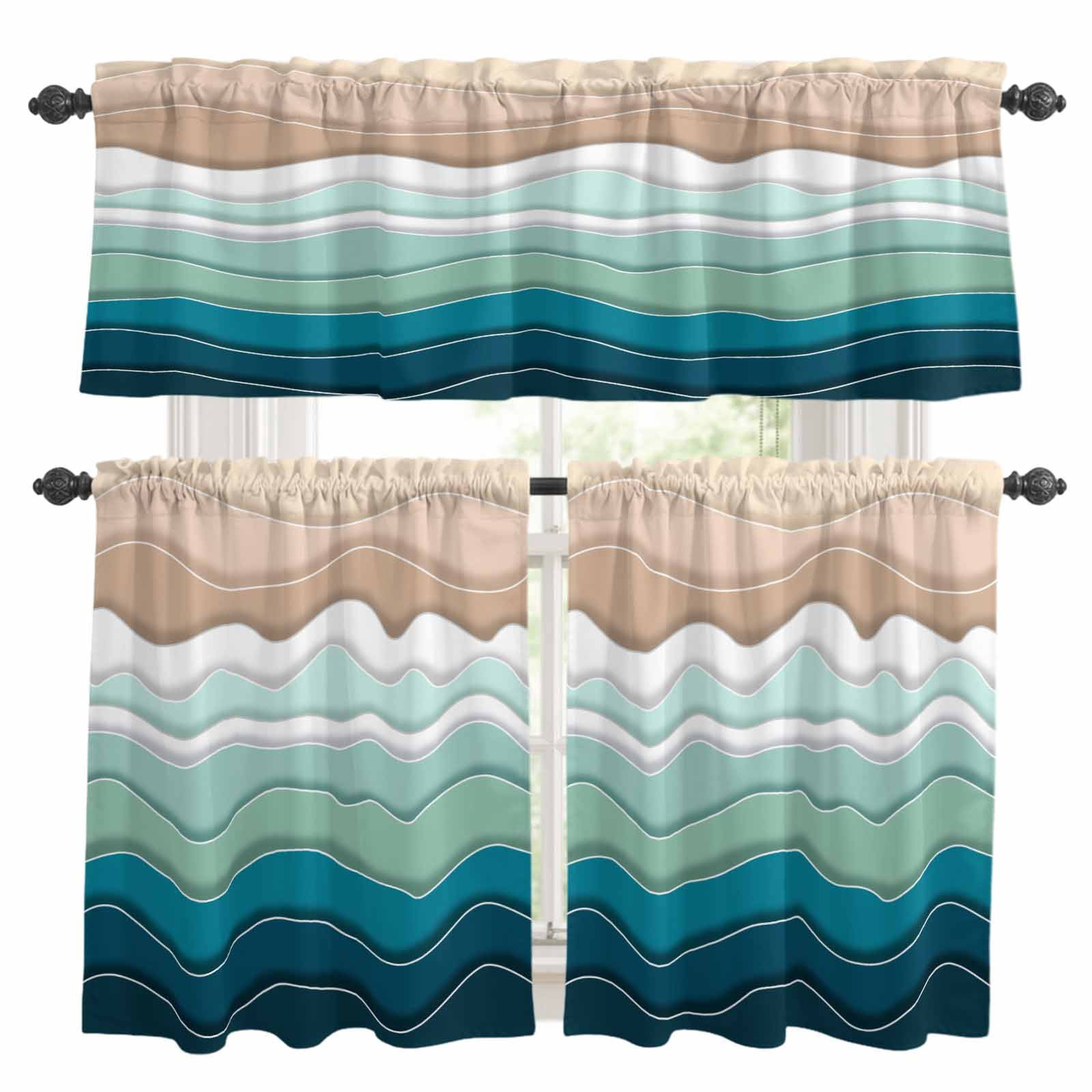 Abstract Kitchen Curtains Set for Windows, Teal Brown Gradient Waves ...