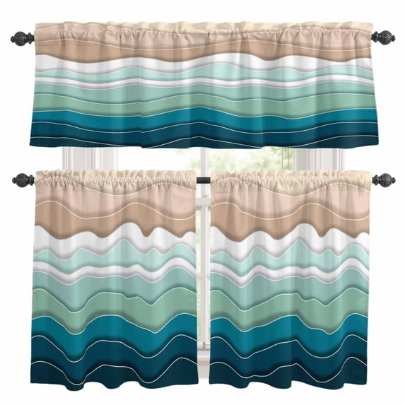 Abstract Kitchen Curtains Set for Windows, Teal Brown Gradient Waves ...