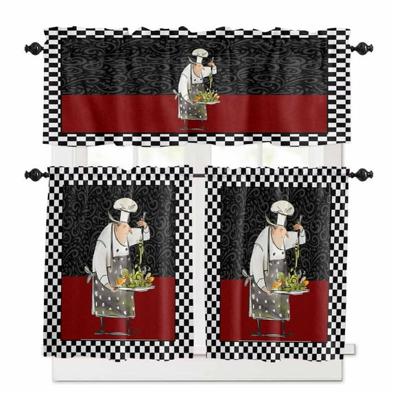 Abstract Kitchen Curtains Valance and Tier Set Cartoon Style Cooks ...