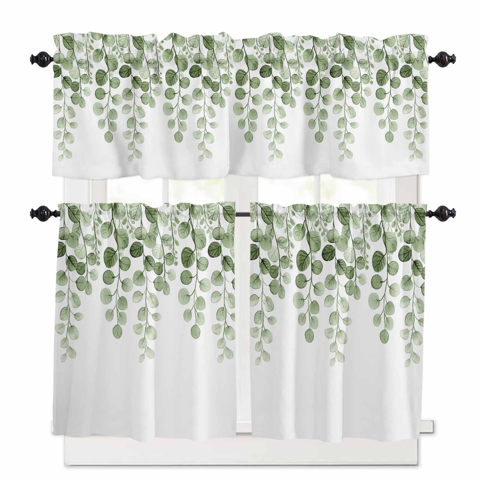 Abstract Kitchen Curtains Valance and Tier Set Country Sage Green ...