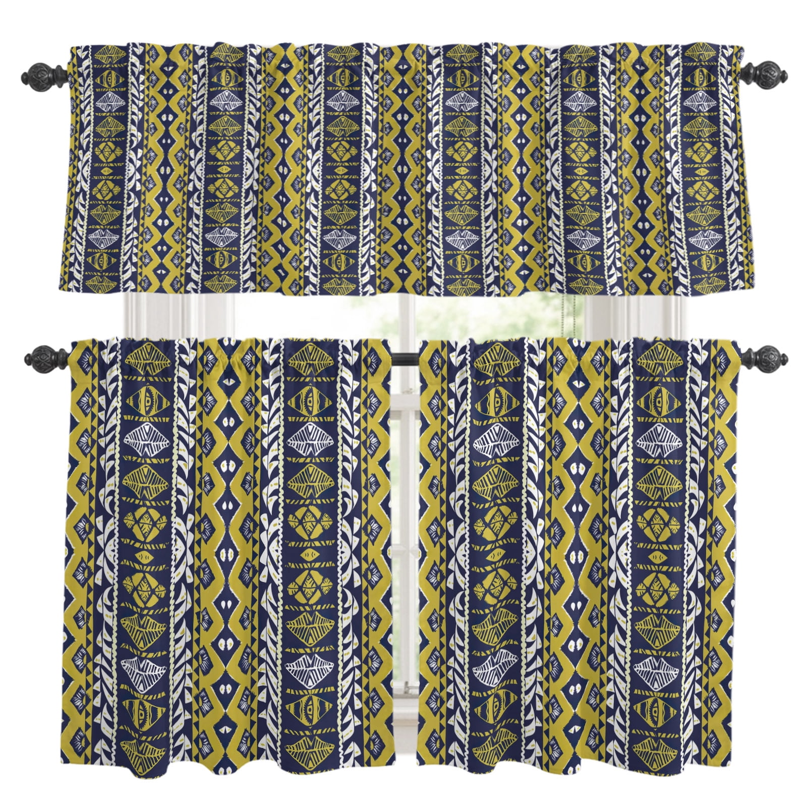 Abstract Kitchen Curtains Valance and Tier Set Ethnic Tribal Decor ...