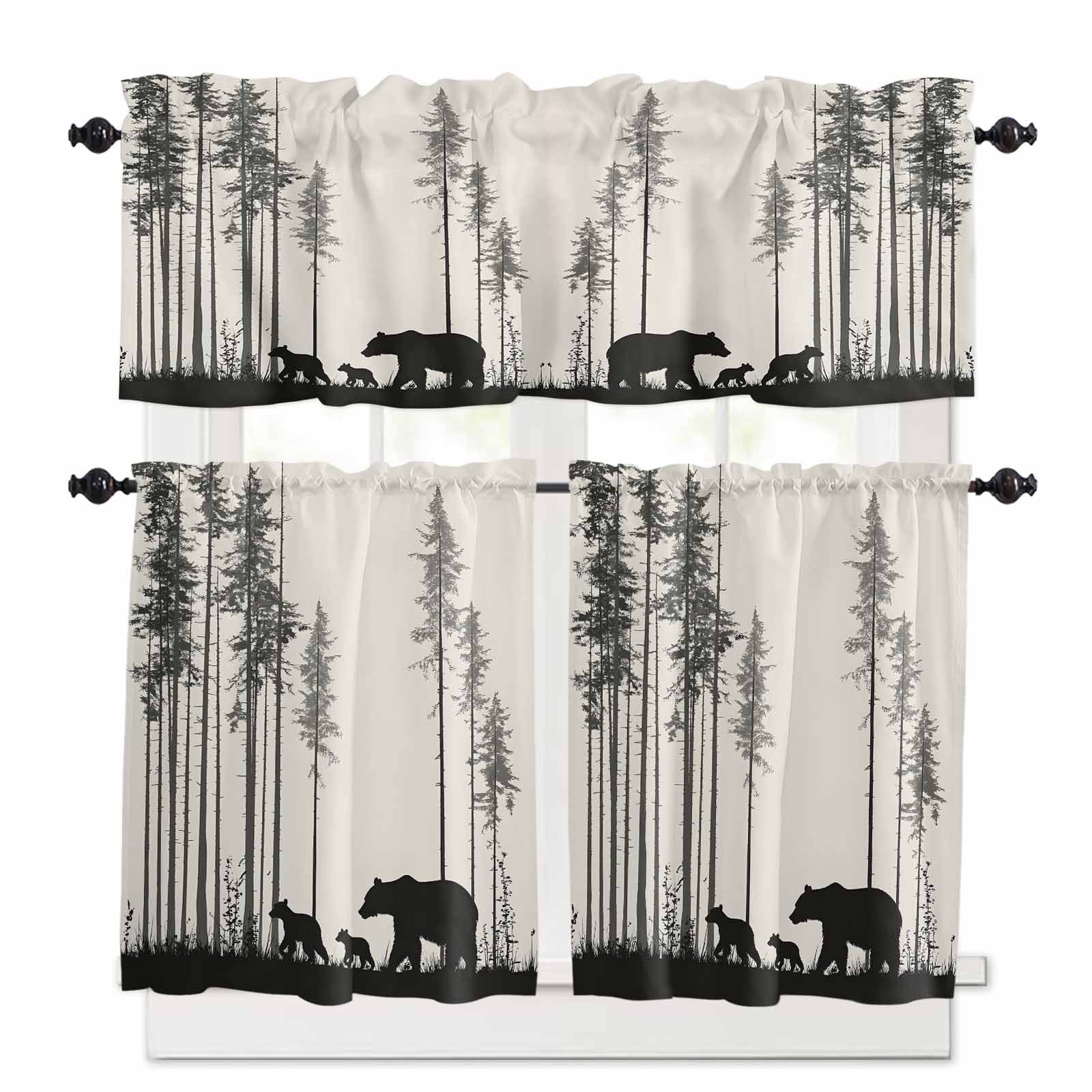 Abstract Kitchen Curtains Valance and Tier Set Forest Walking Bear ...