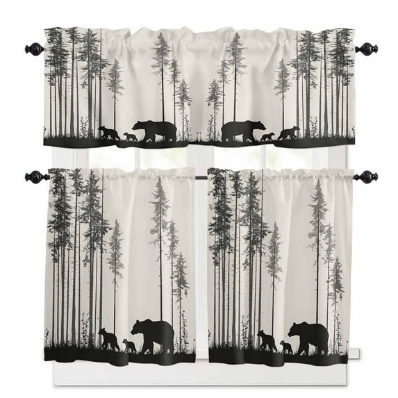 Abstract Kitchen Curtains Valance and Tier Set Forest Walking Bear ...