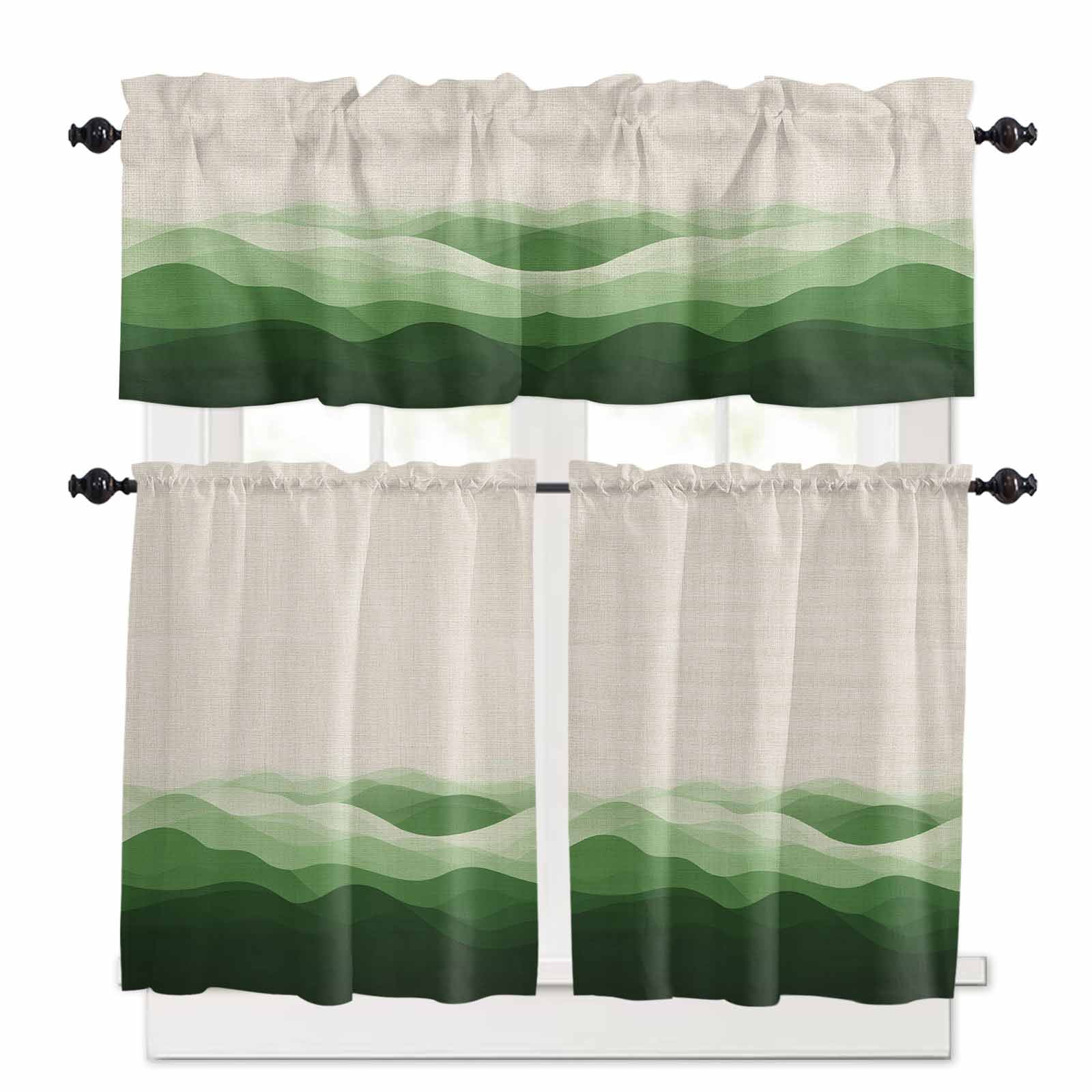 Abstract Kitchen Curtains Valance and Tier Set Minimalist Green Wave ...