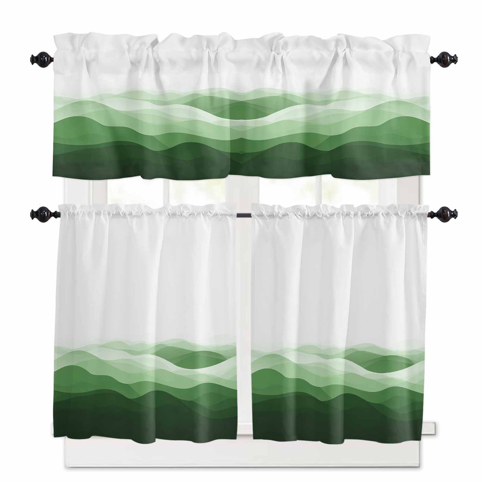 Abstract Kitchen Curtains Valance and Tier Set Minimalist Green Wave ...