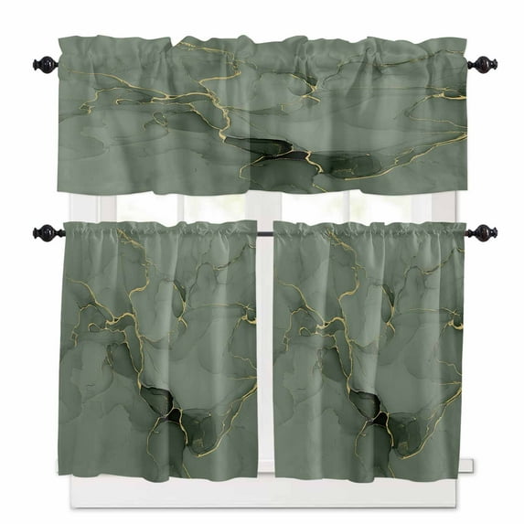 Abstract Kitchen Curtains Valance and Tier Set Sage Green Golden Marble ...