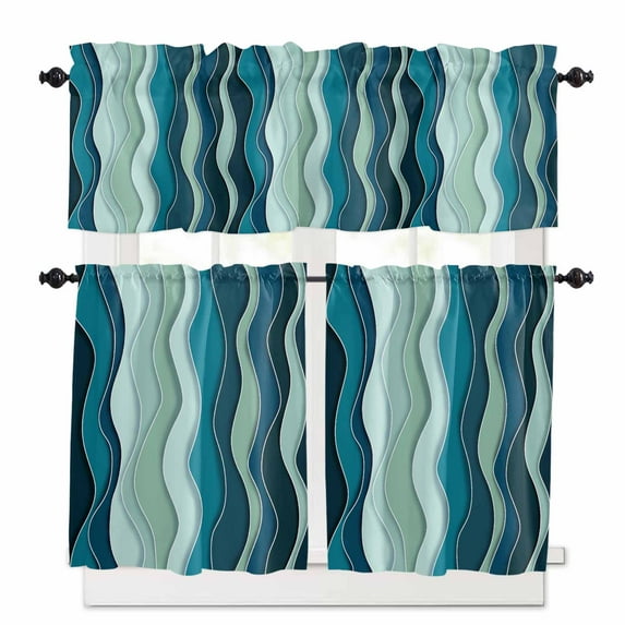 Abstract Kitchen Curtains Valance and Tier Set Teal Gradient Waves ...