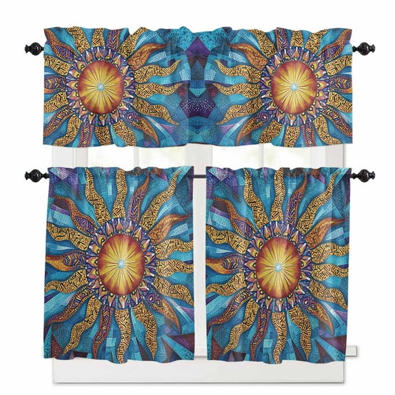 Abstract Kitchen Curtains Valance and Tier Set Yellow Blue Sun Texture ...