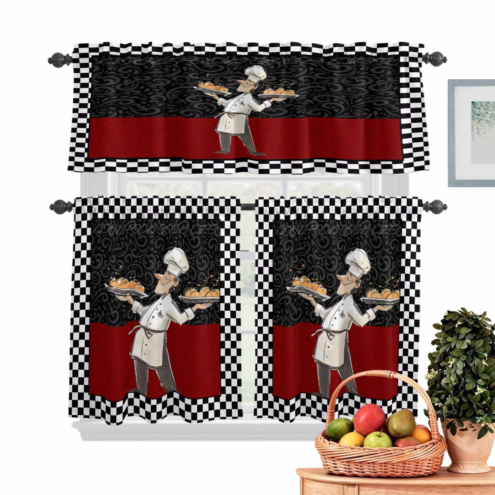 Abstract Kitchen Curtains Valances 3 Piece Set, Cartoon Style Chef ...