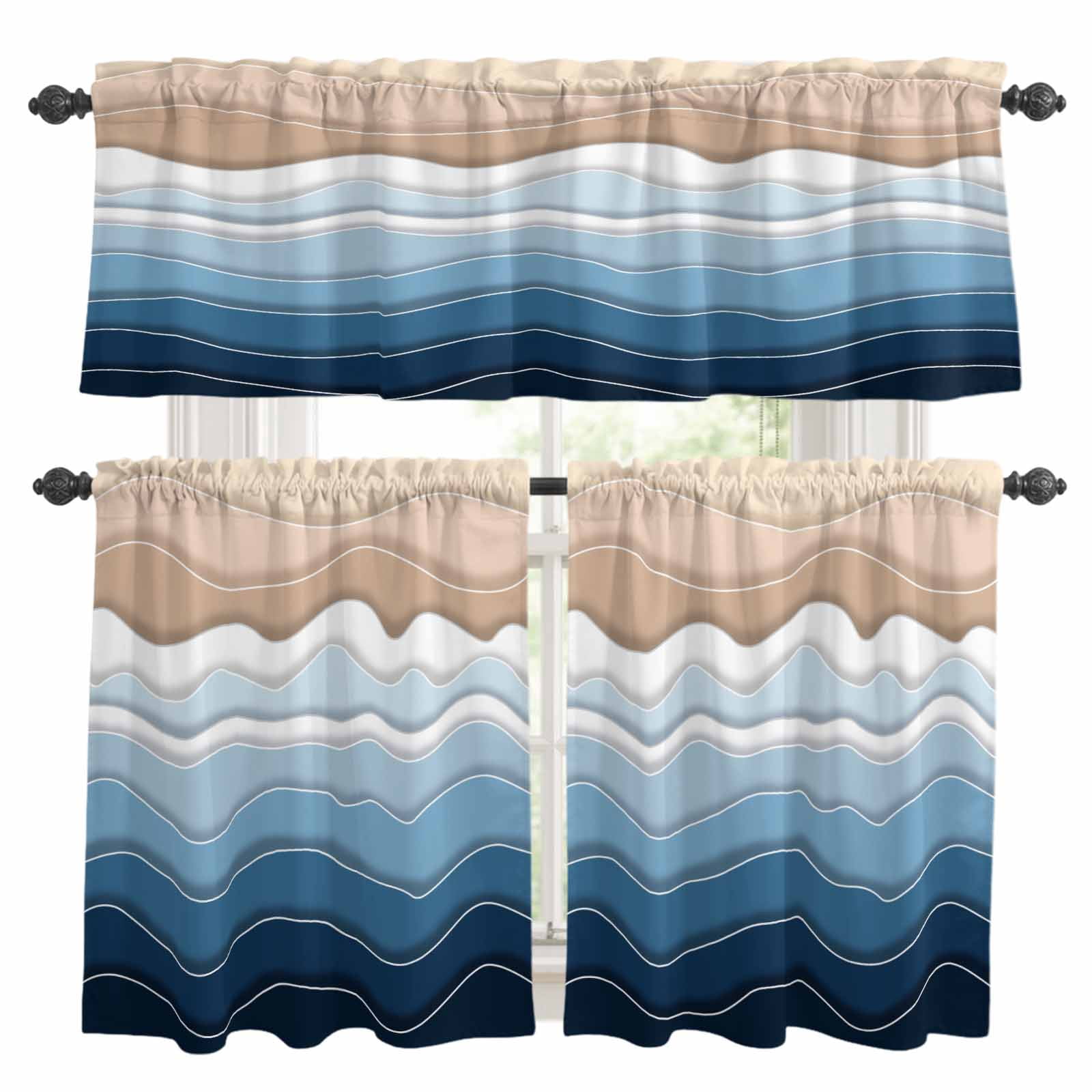Abstract Kitchen Curtains Valances and Tiers Set of 3 Blue Brown ...