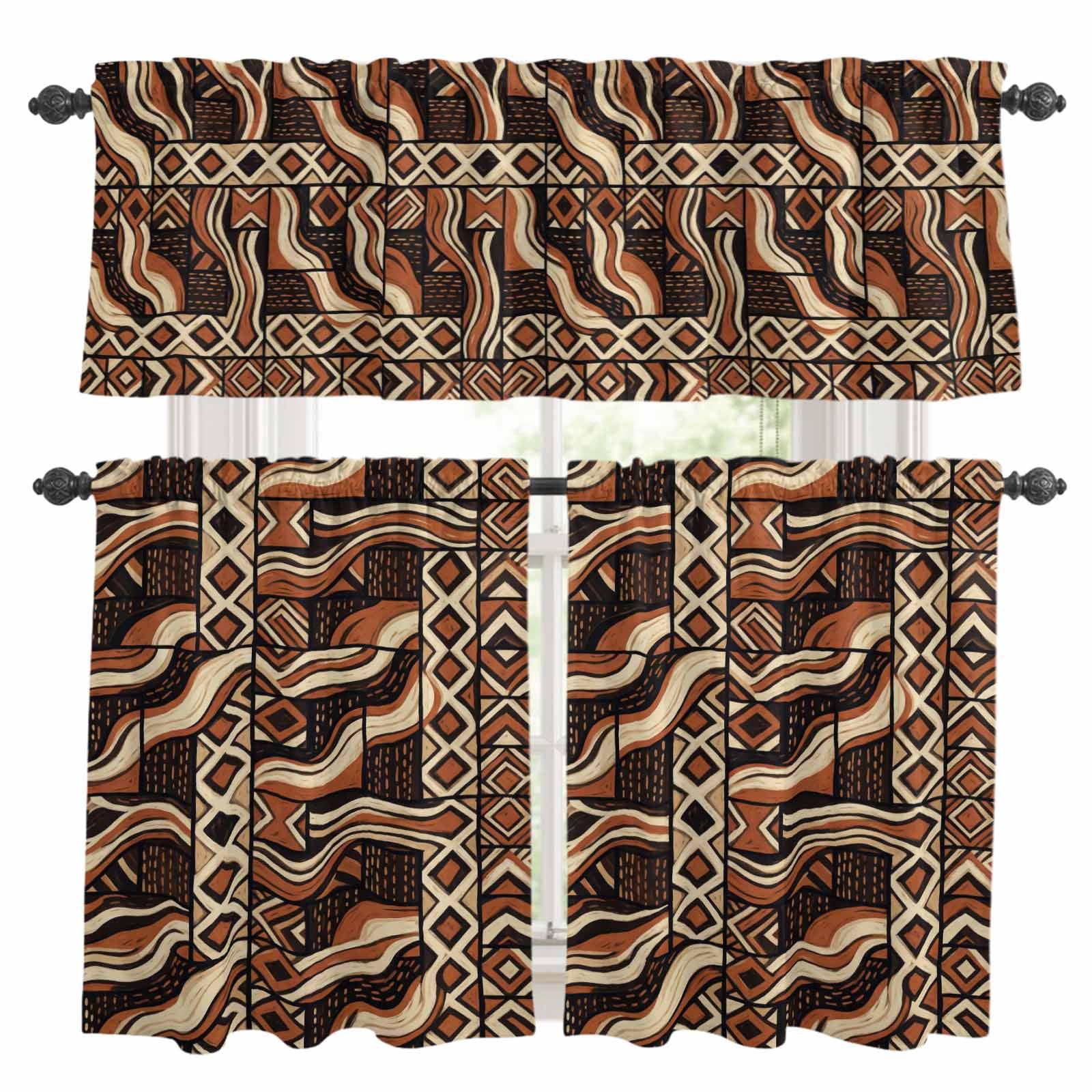 Abstract Kitchen Curtains Valances and Tiers Set of 3 Retro Red Brown ...
