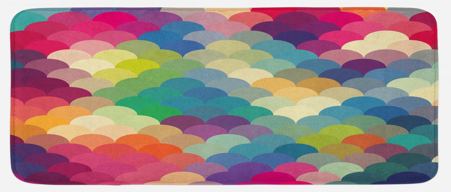Abstract Kitchen Mat, Colorful Retro Style Scales Inspired Wave Pattern ...
