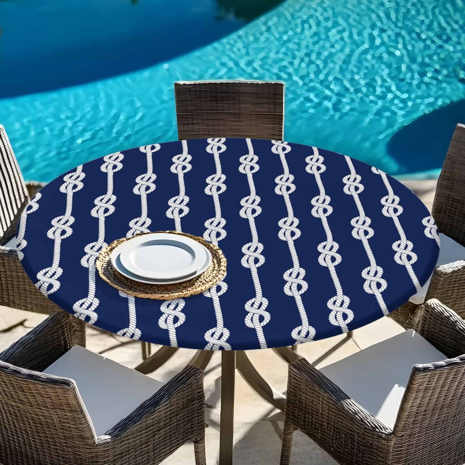 Abstract Knot on Blue Background Round Fitted Tablecloth with Elastic ...